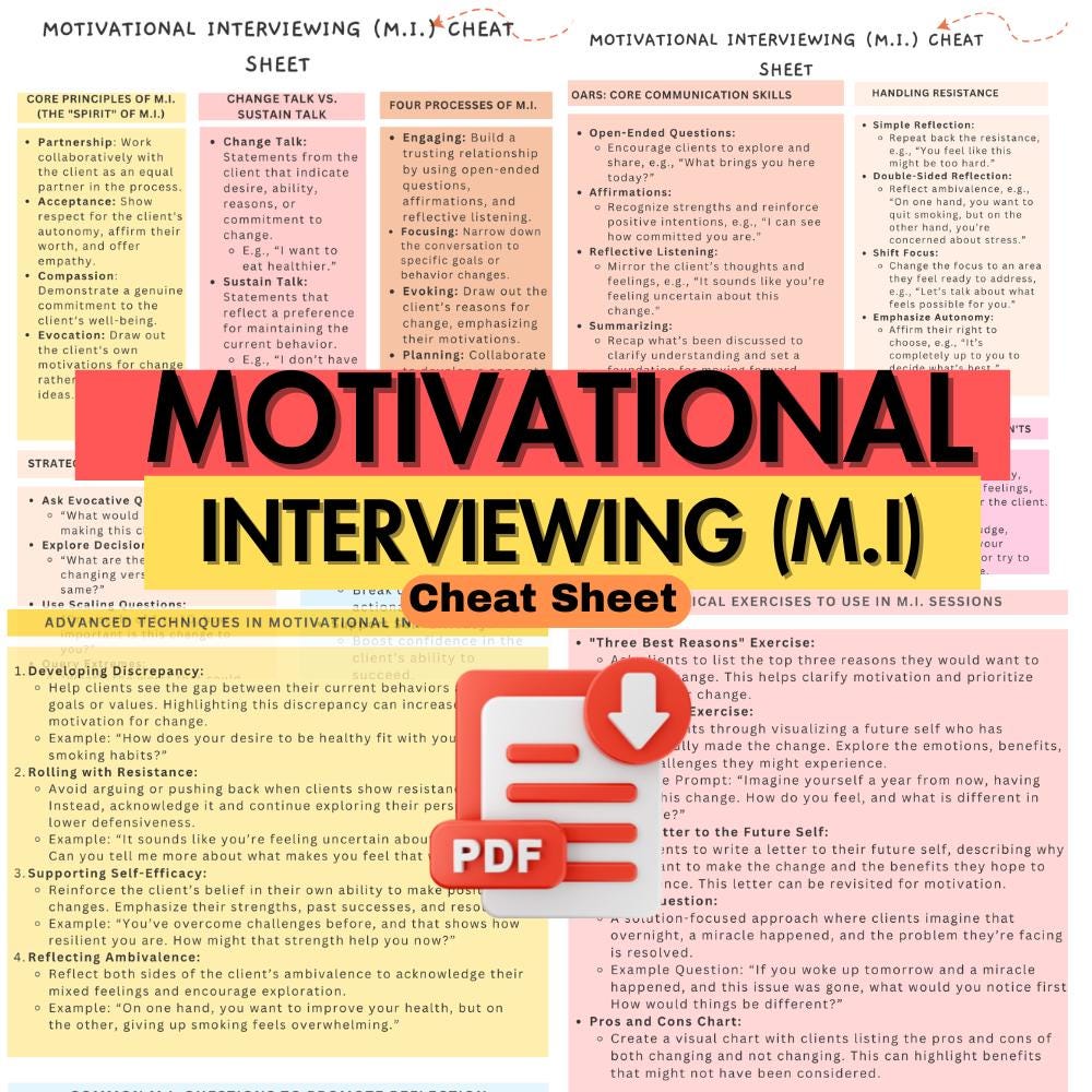 Motivational Interviewing Cheat Sheet, Therapy Worksheets Resources, MI ...