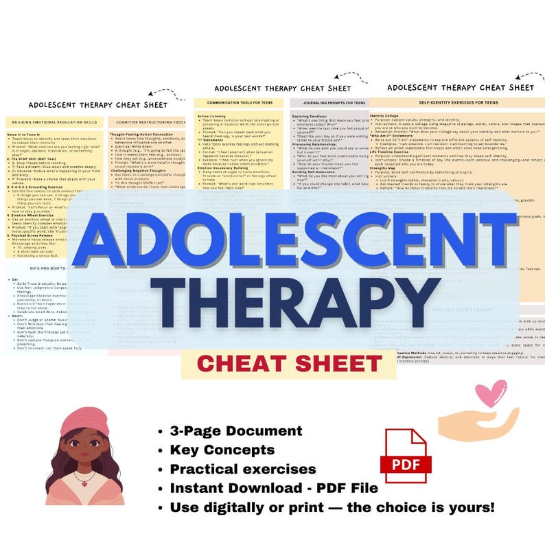 Teen Therapy Cheat Sheet, Adolescent Therapy Worksheets, Teen Therapist ...