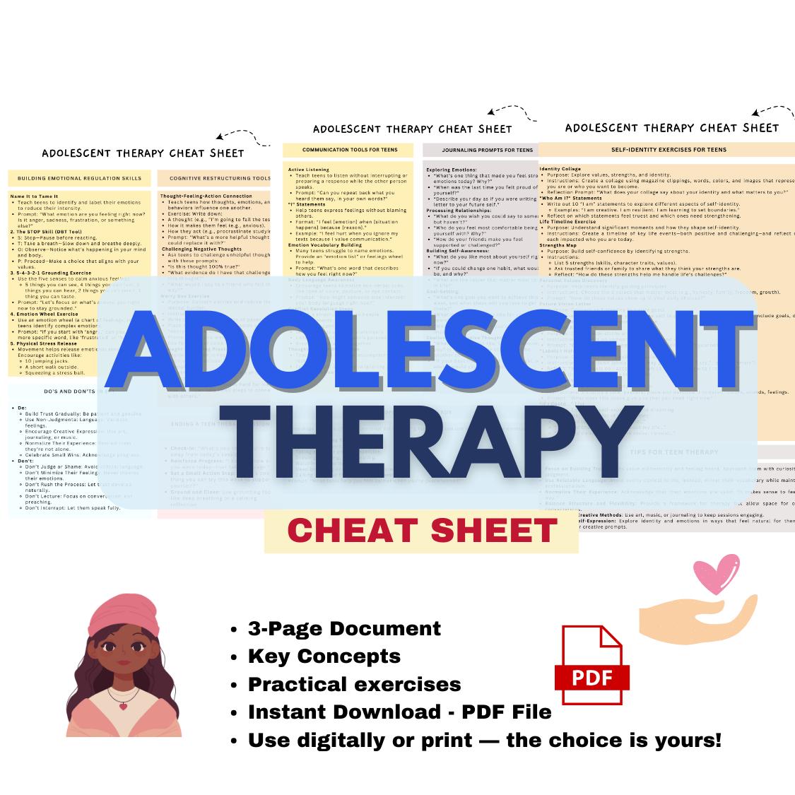 Teen Therapy Cheat Sheet, Adolescent Therapy Worksheets, Teen Therapist ...