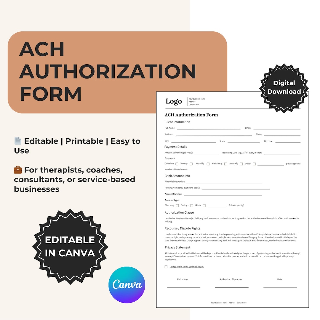 ACH Authorization Form Template, Editable Canva PDF, Debit Authorization, Direct Deposit, Auto ...