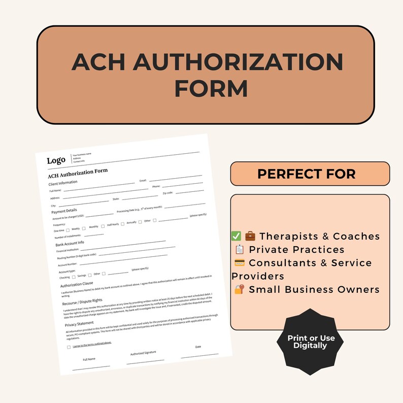 ACH Authorization Form Template, Editable Canva PDF, Debit Authorization, Direct Deposit, Auto ...