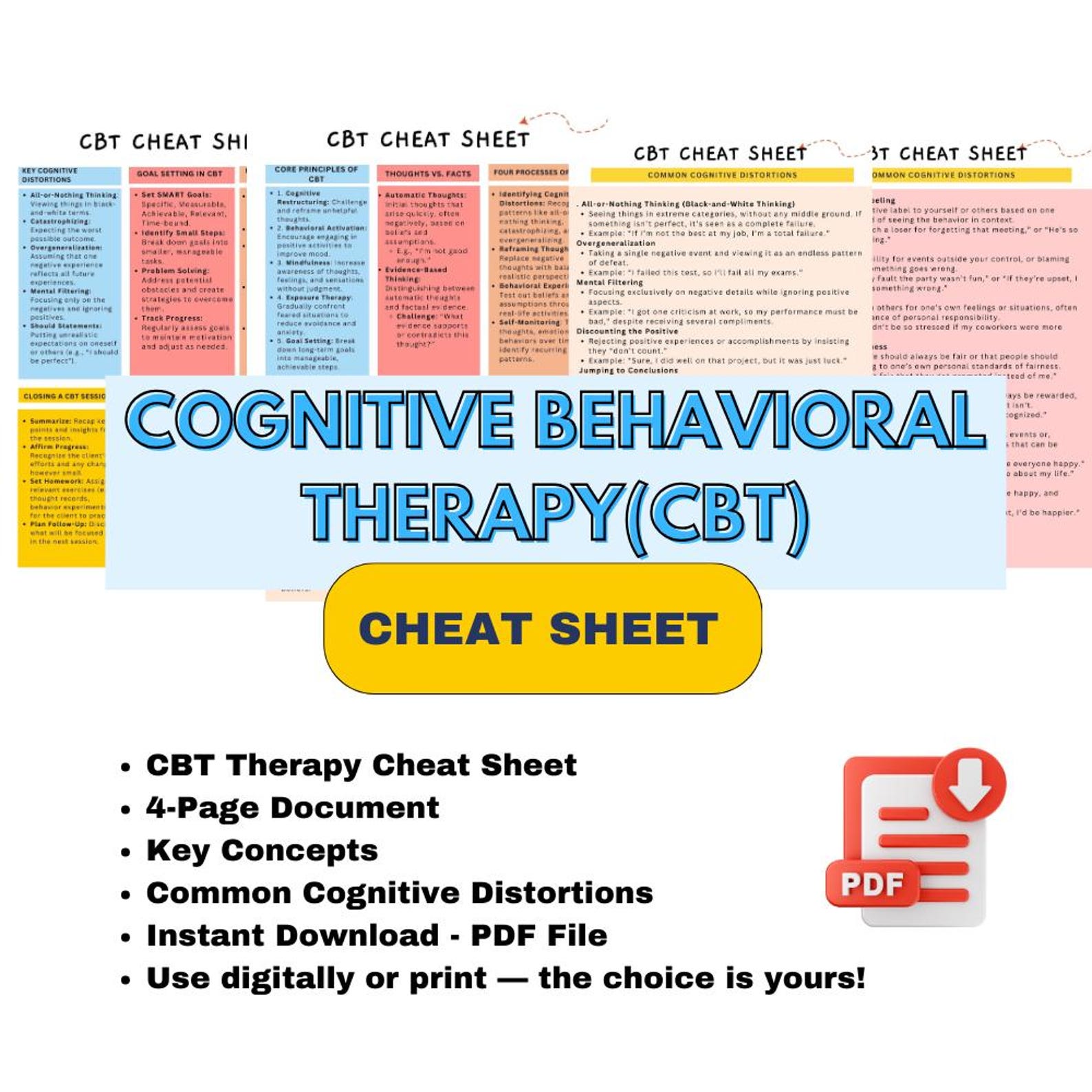 CBT Cheat Sheet, Cognitive Behavioral Therapy Resources, Therapy Tools, CBT Interventions Aids ...