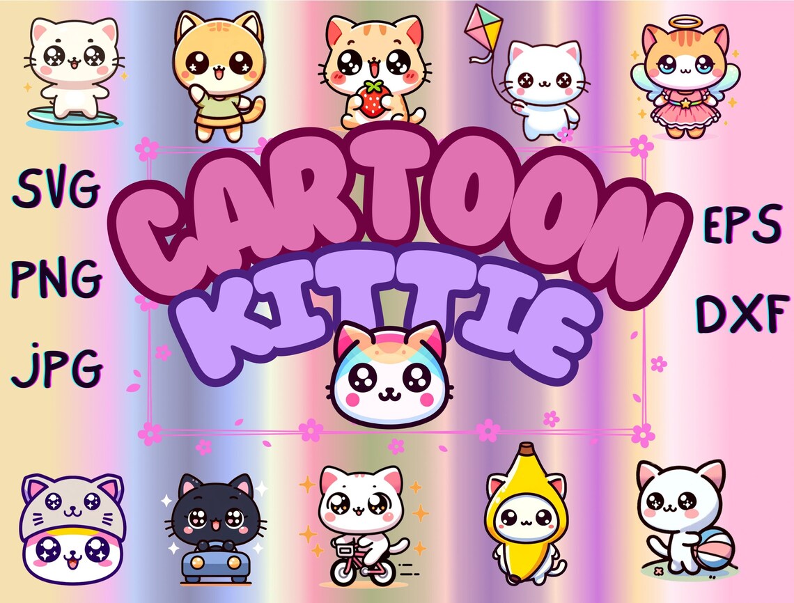 Cartoon Kittie SVG, Kawaii Kitten PNG, Collection of Adorable Cat ...