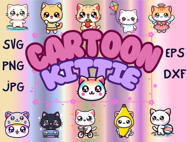 Cartoon Kittie SVG, Kawaii Kitten PNG, Collection of Adorable Cat ...