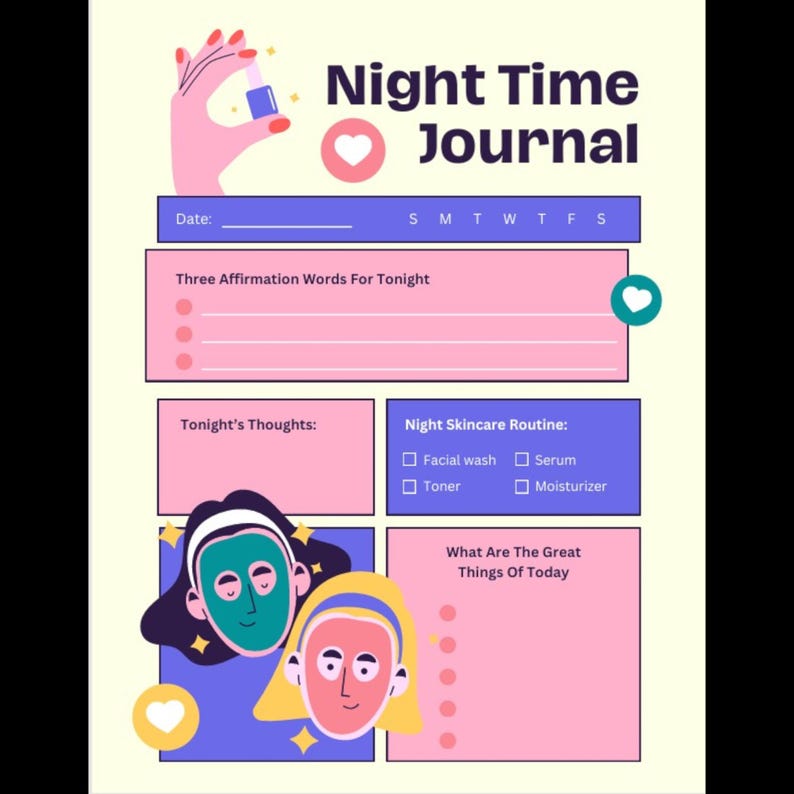 Pink Bedtime Journal: Digital & Printable Pages - Nightly Routine ...