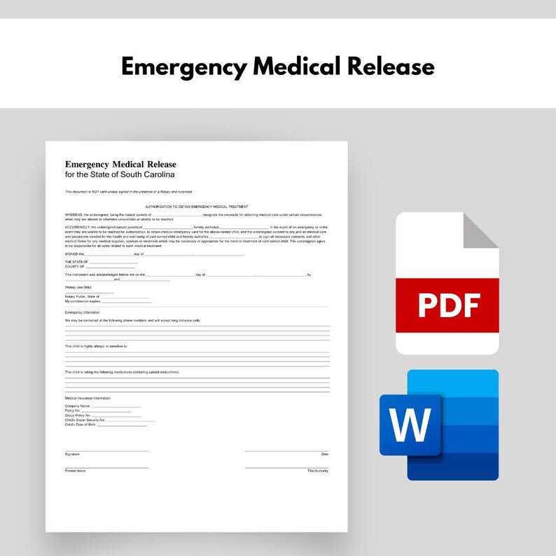 Emergency Medical Release Form | Treatment Authorization Template | Editable PDF & Word ...