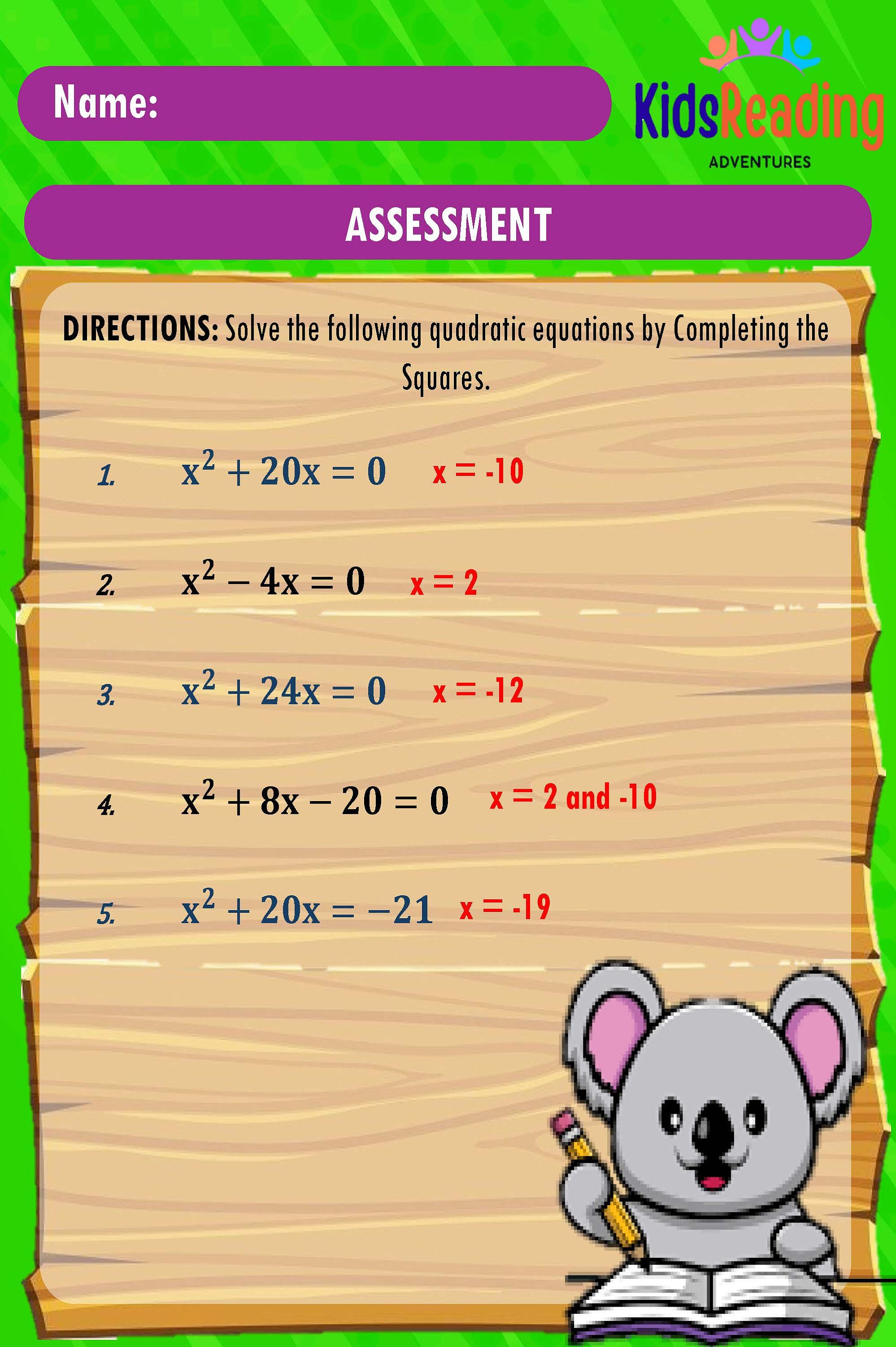 Math: Introduction to Quadratic Equations Downloadable PDF Worksheets ...