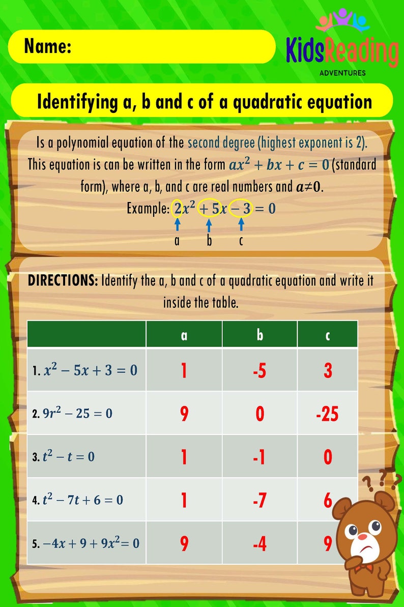 Math: Introduction to Quadratic Equations Downloadable PDF Worksheets ...