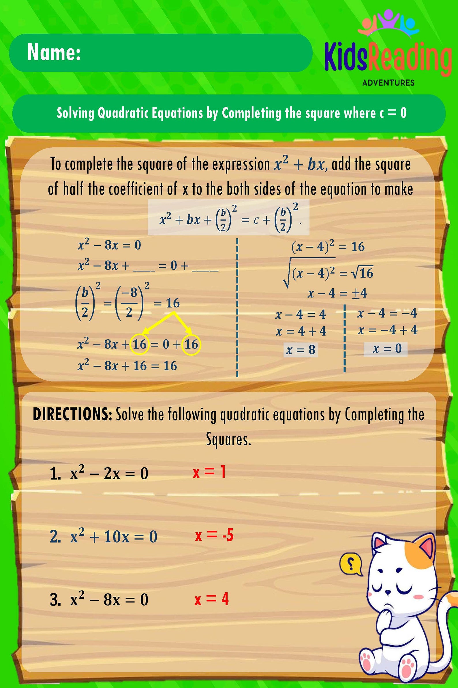 Math: Introduction to Quadratic Equations Downloadable PDF Worksheets ...