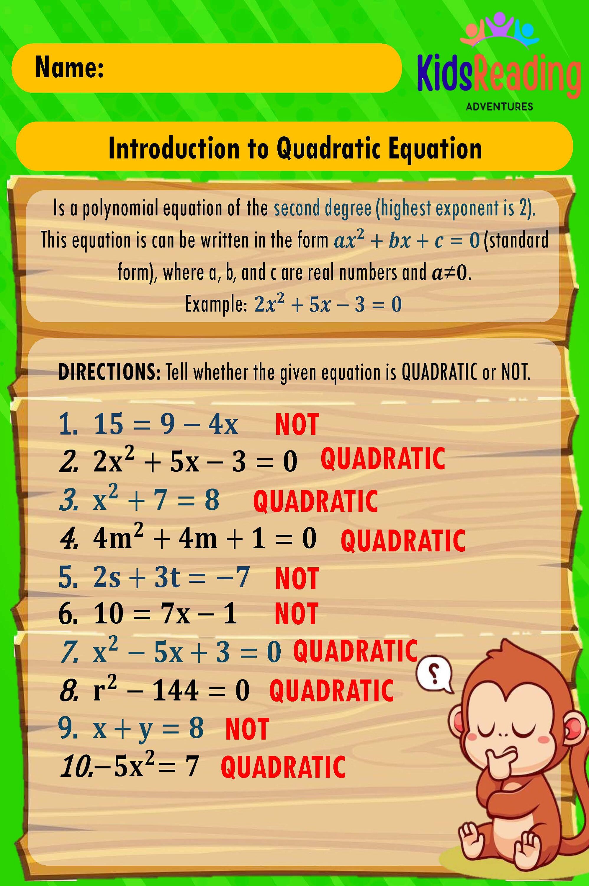 Math: Introduction to Quadratic Equations Downloadable PDF Worksheets ...