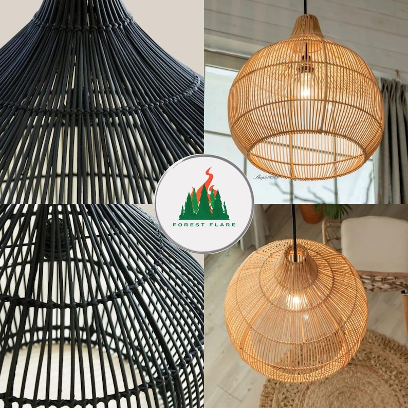 Rustic Natural Rattan Pendant Light Shade, Wicker Rattan Light Fixture ...