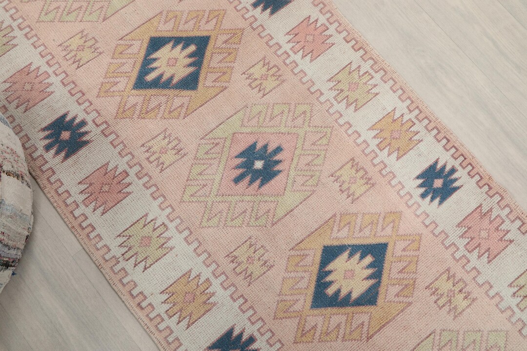 3x9 Pink-navy Blue Turkish Runner, Oushak Runner, 3x9 Runner Rug ...