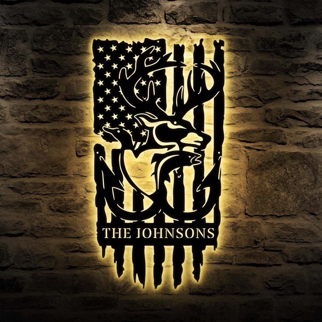Personalized Deer Duck Fish With US Flag Metal Sign LED, Custom Hunting ...
