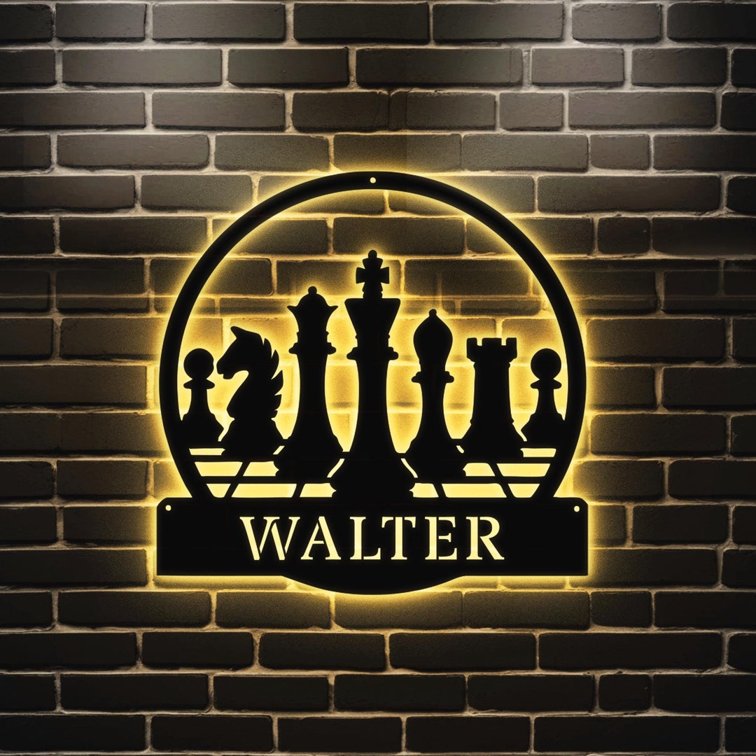Personalized Chess Monogram Metal Sign With LED, Custom Chess Metal ...