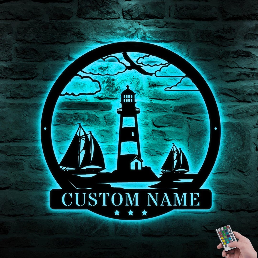 Custom Lighthouse Metal Sign LED Light, Personalized Beach Decor With ...