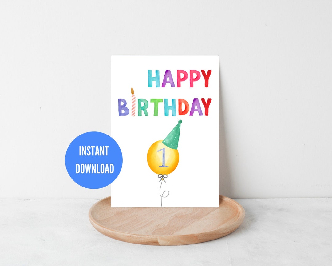 Printable Birthday Card, Digital First 1st Birthday Card, Cute ...