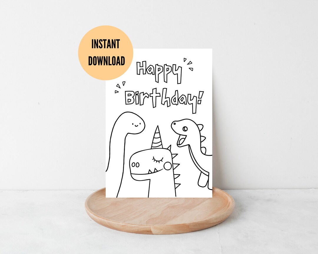 Color in Dinosaur Themed Birthday Card, Printable Coloring Dino Party ...