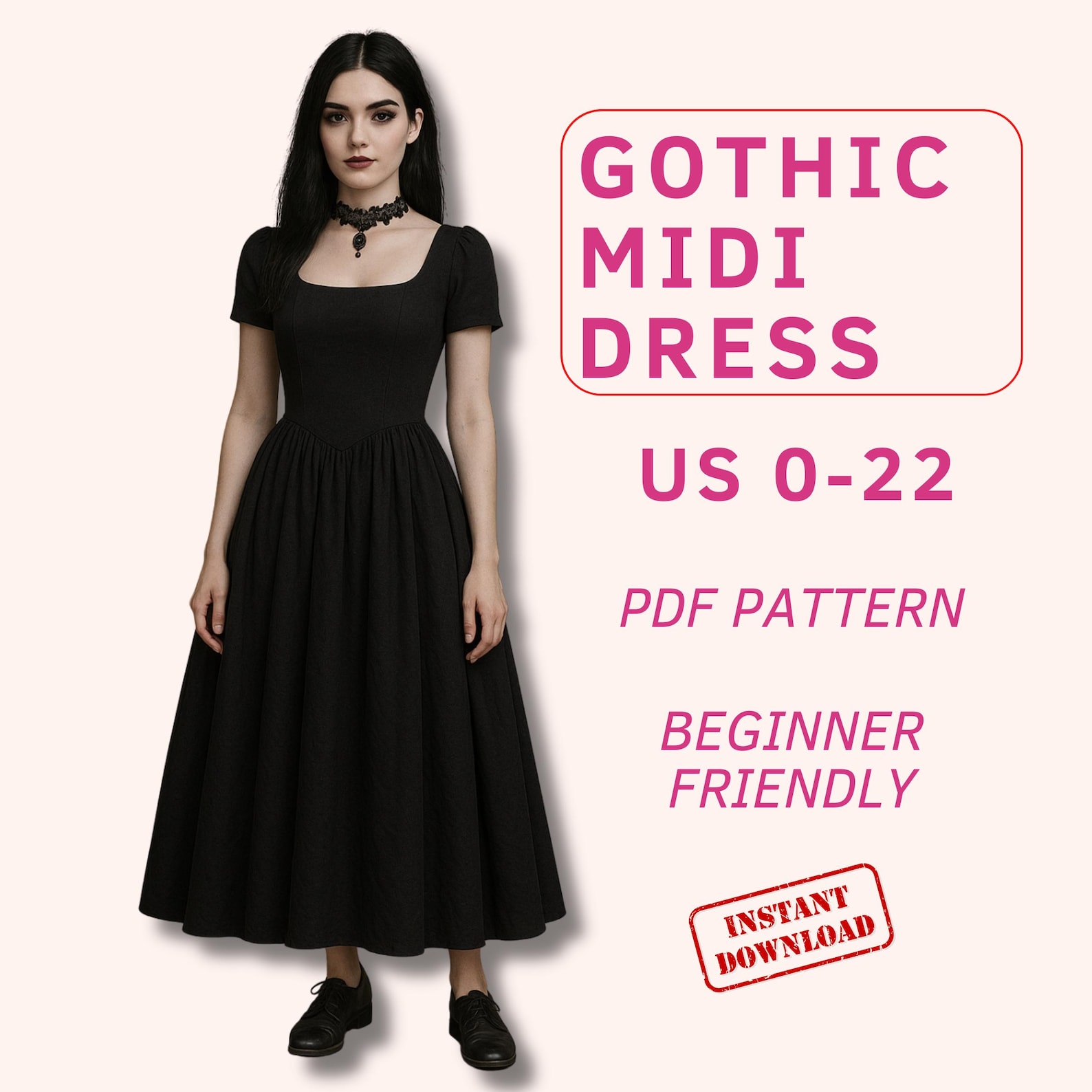 Goth Midi Dress Pattern for Beginners, Wool Formal Dress Pattern, Black ...