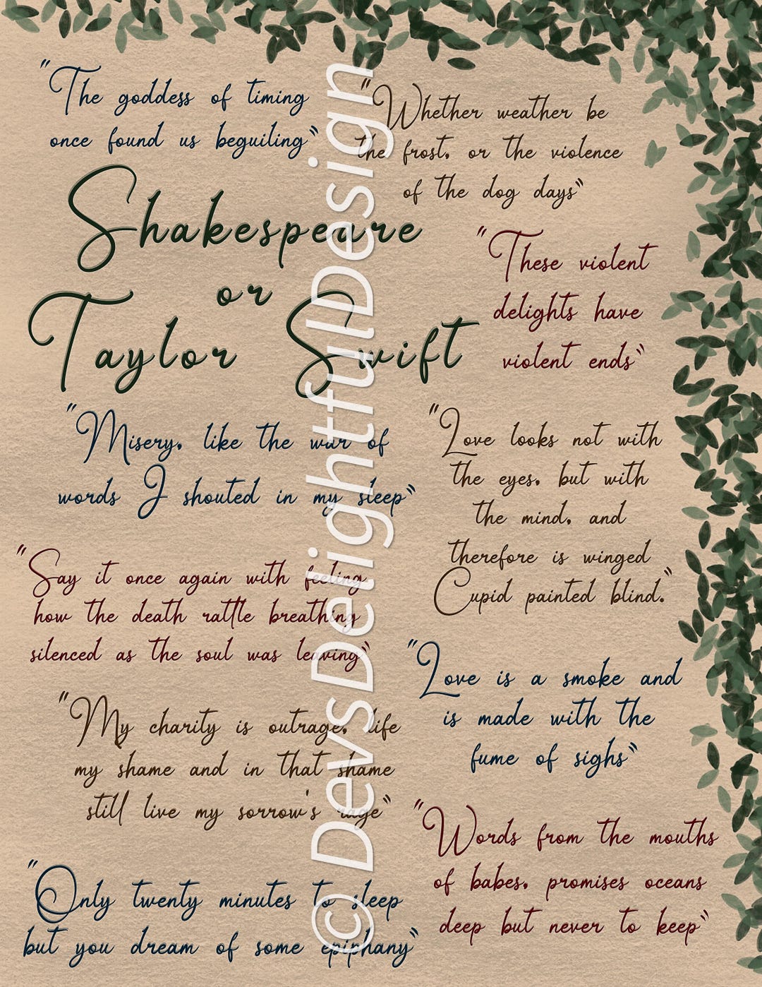 Shakespeare Vs Taylor Swift Lyrics Poster (digital Download) - Etsy