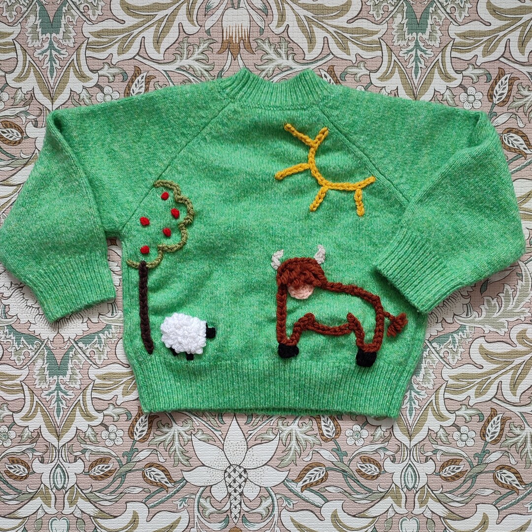 Hand Embroidered Farm Green Jumper. With Tractor, Chickens, Sheep and a ...