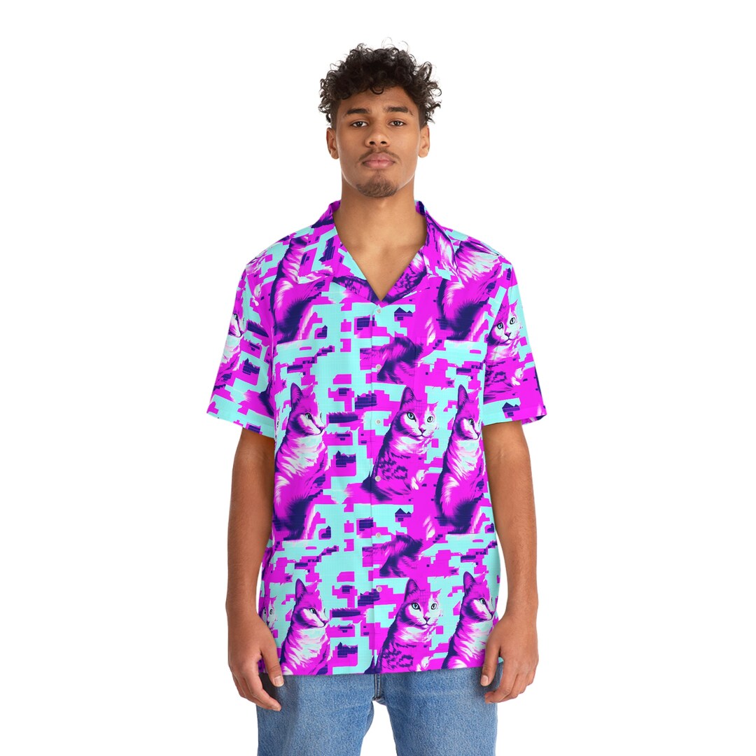 Neon Meow Vaporwave Cat Button Down Men's Hawaiian Summer Party Outfit ...