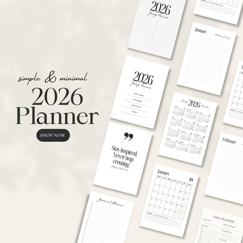 2026 Yearly Planner Printable | Minimalist Monthly Calendar + Notes ...