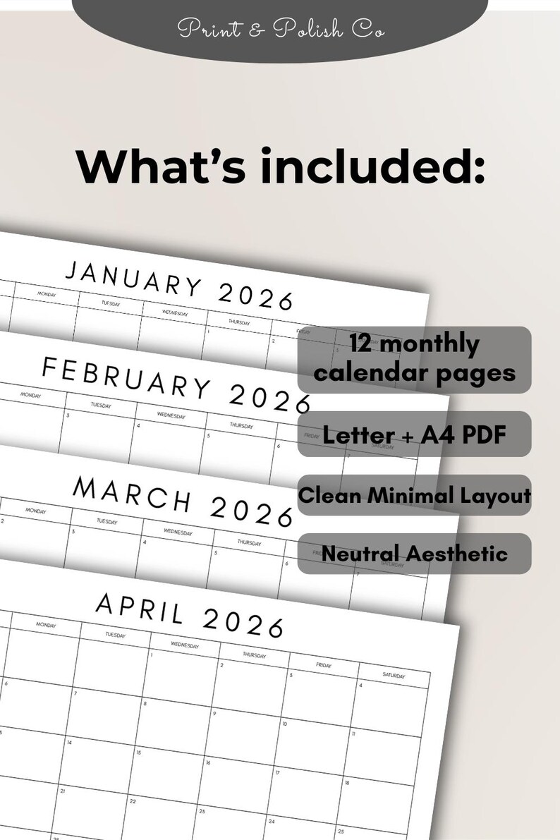 2026 Calendar Printable | 2026 Monthly Planner | Minimalist Wall ...