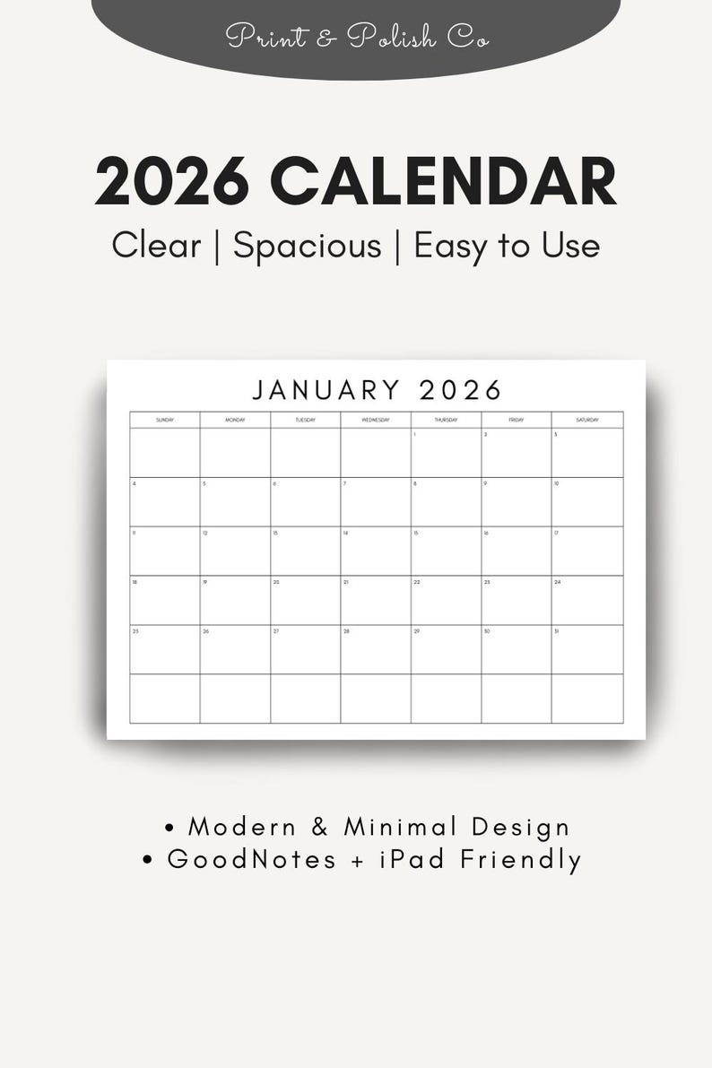 2026 Calendar Printable | 2026 Monthly Planner | Minimalist Wall ...