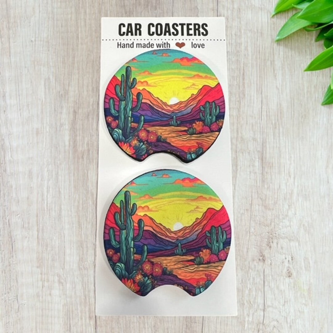 Desert Landscape Car Coaster Set | New Car Gift | Cactus Decor | Bright ...