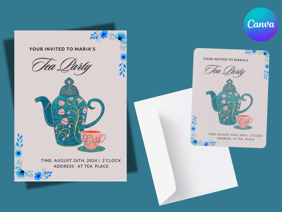 Tea Party Invitation, Canva Template, Editable Template, Floral Themed ...