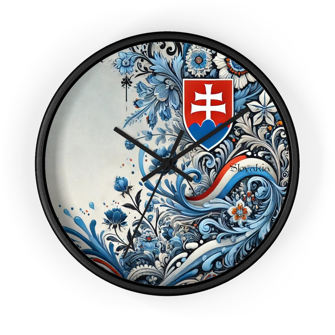Slovakia Wall Clock, Slovak Coat of Arms Circular Timepiece, Blue Folk ...