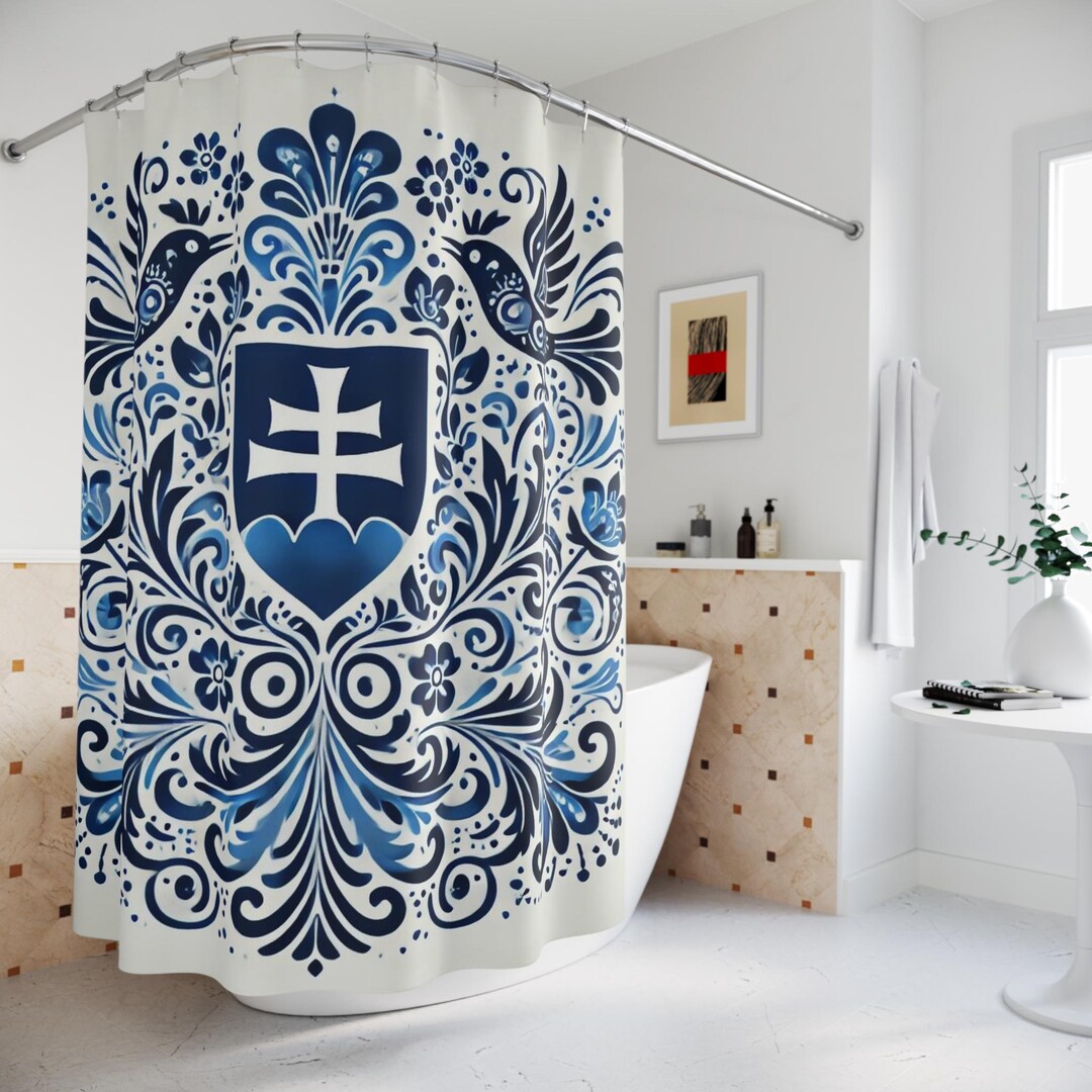 Slovak Folk Art Shower Curtains - Blue and White Traditional Design ...