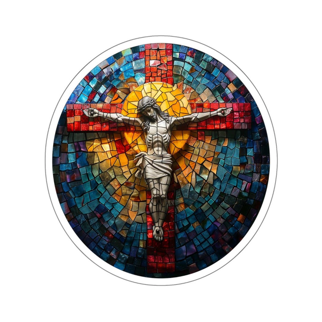 Vibrant Stained Glass Crucifix Kiss-cut Stickers - Perfect for Laptops ...