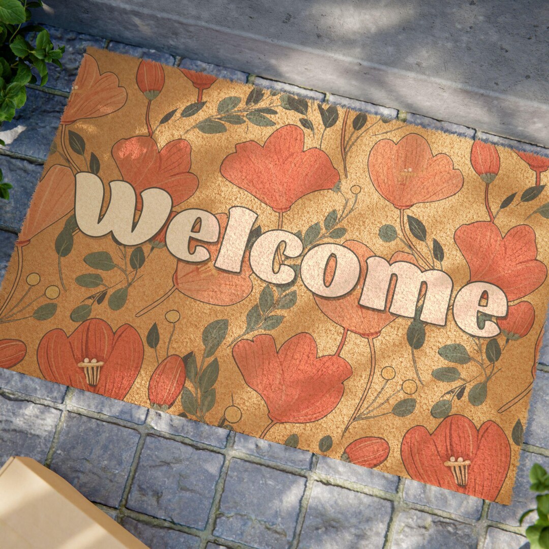 Spring Flowers Welcome Mat Outdoor Coir Mat Floral Design Door Decor ...