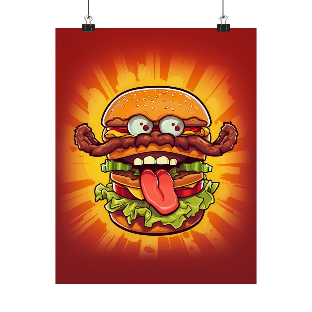 Stache Burger Bacon Cheeseburger Funny Food Dining Kitchen Cartoon Art ...