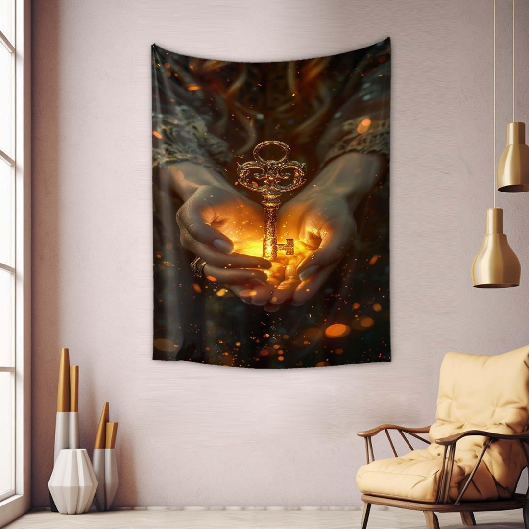 Mystical Key Tapestry, Glowing Key Wall Art, Spiritual Hands Tapestry ...