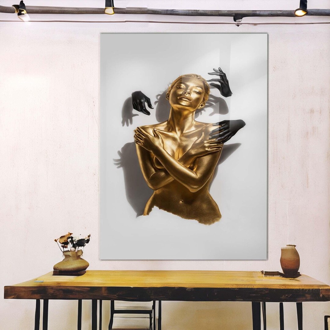 Gold Female Body Tempered Glass Wall Art, 3D Abstract Sensual Woman ...