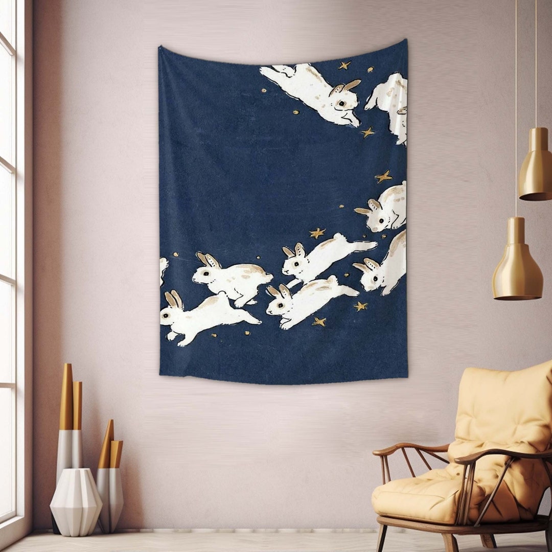 Rabbit Tapestry: Navy Boho Wall Hanging, Animal Decor - Etsy
