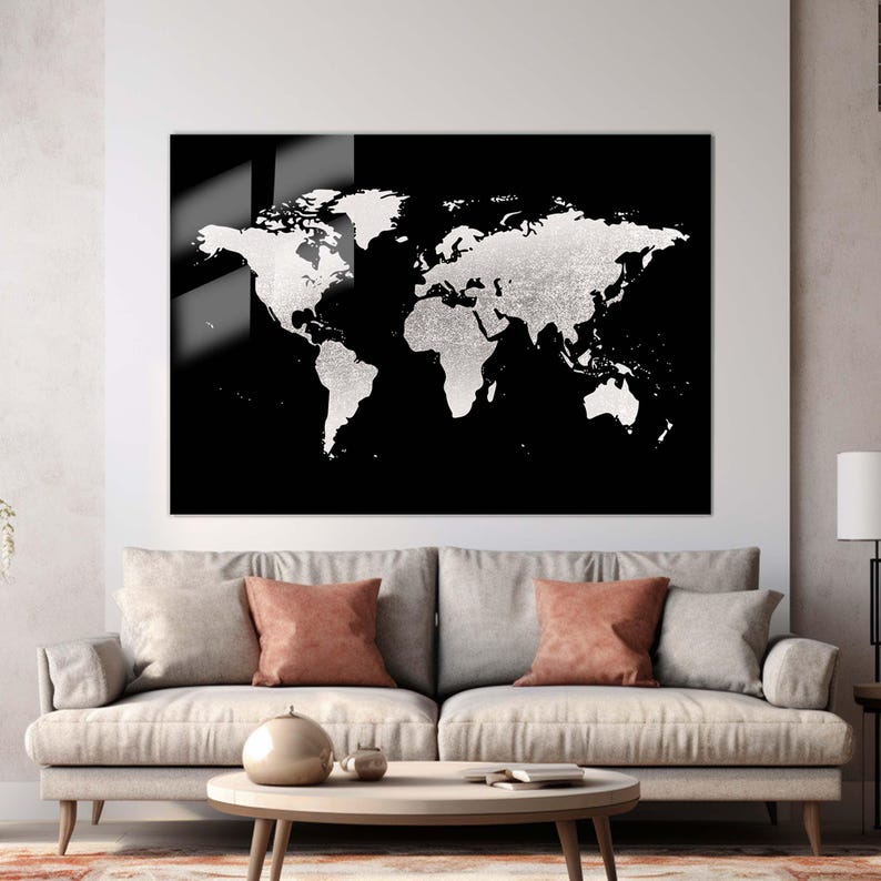 Black and White World Map Glass Wall Art, Modern Minimalist Geography ...