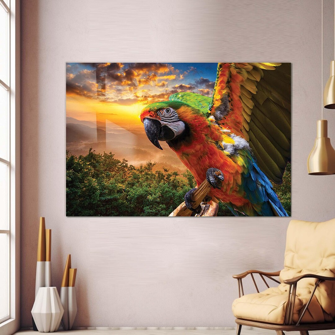 Colorful Parrot Glass Wall Art, Exotic Bird Decor, Tropical Macaw ...