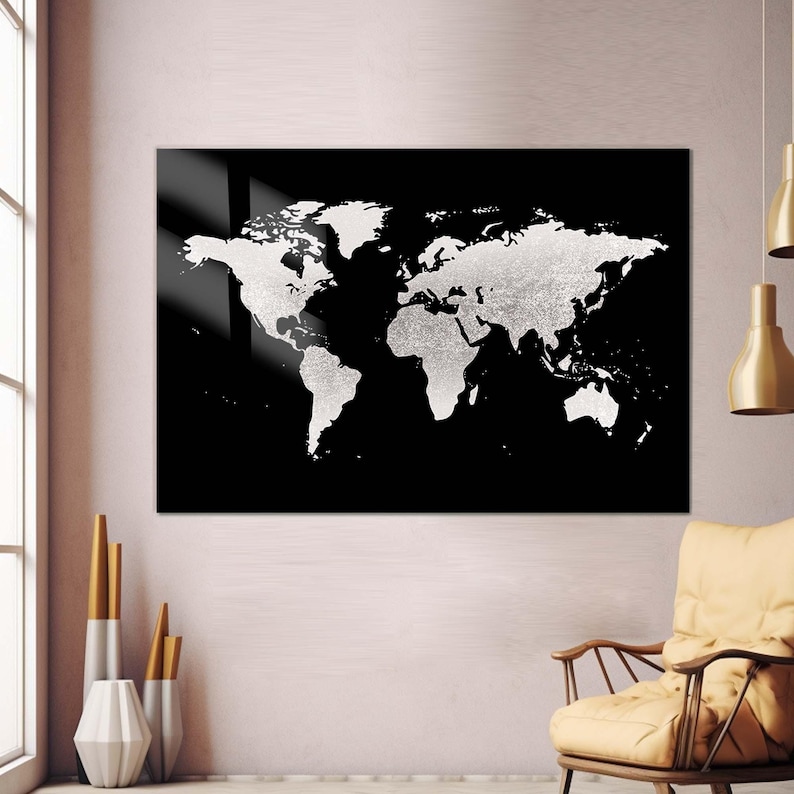 Black and White World Map Glass Wall Art, Modern Minimalist Geography ...