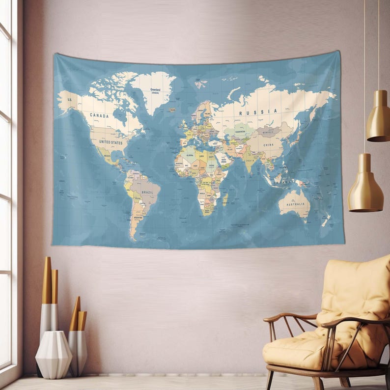 World Map Tapestry, Back to School, Map Tapestry, Wall Art Decor, Wall ...