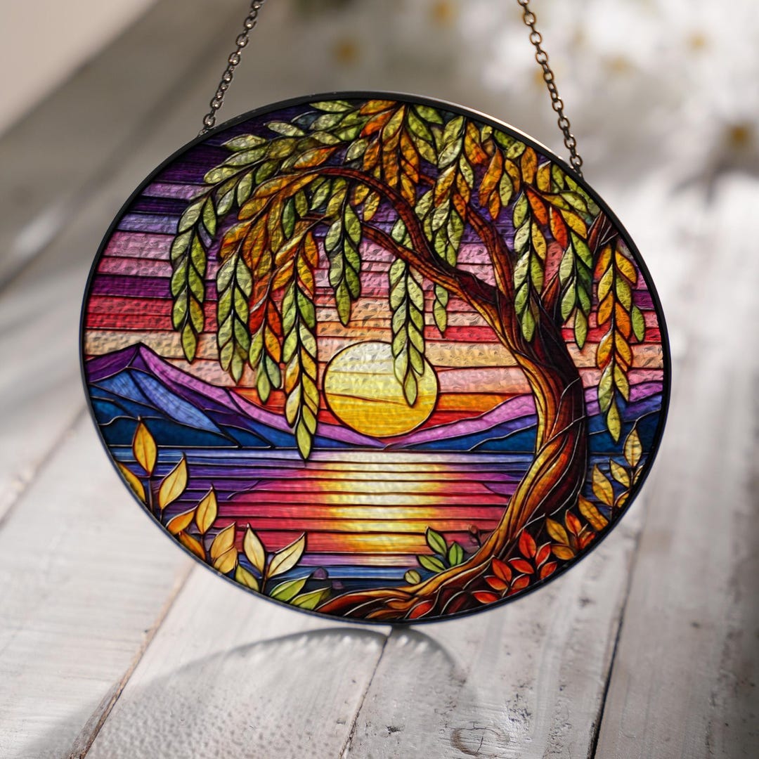 Autumn Weeping Willow and Lake GLASS, Autumn Scenery Decor, Fall Gift ...