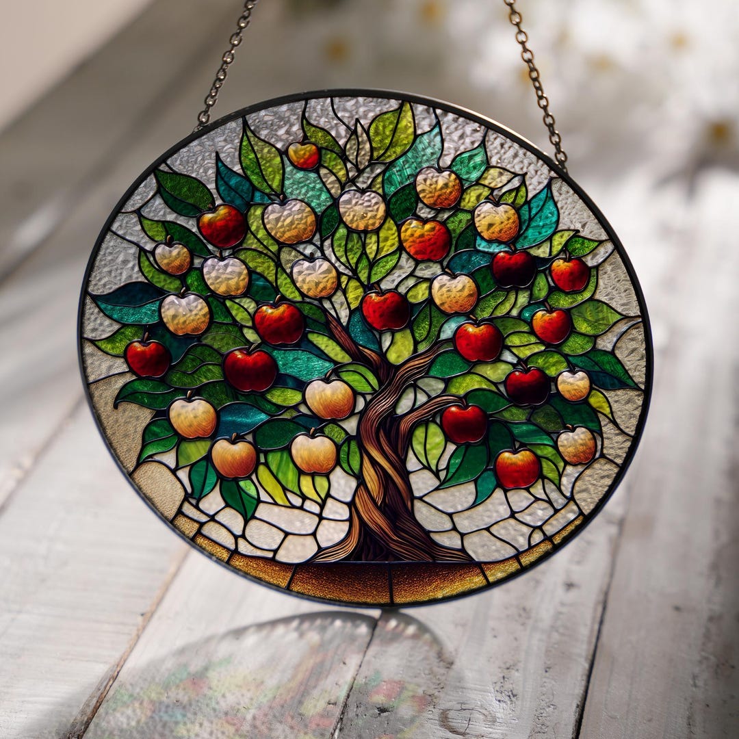 Apple Tree GLASS Decor, Apple Tree Window Hanging, Tree Window Art ...