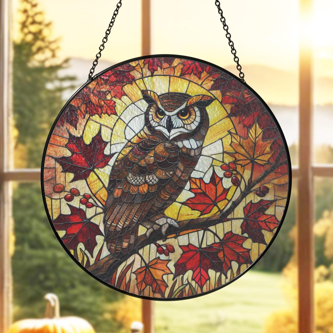 Owl Perching on Maple Tree GLASS Decor, Fall Owl Decor, Fall Vibe ...