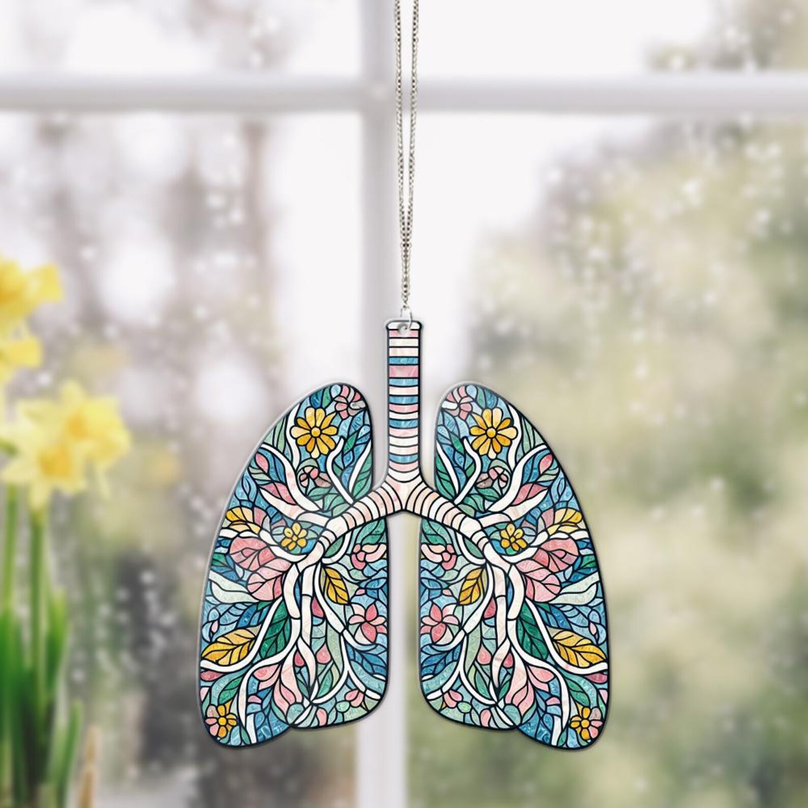 Flowers Lung Window Decor, Anatomy Floral Acrylic Window Hanging Art ...