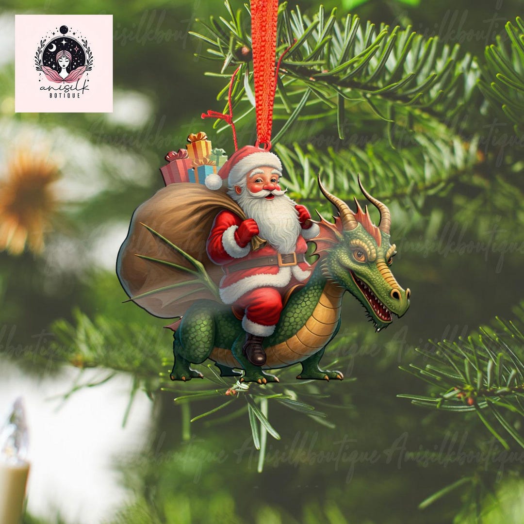Personalized Santa Riding Dragon 2D FLAT Ornament, Christmas Tree ...
