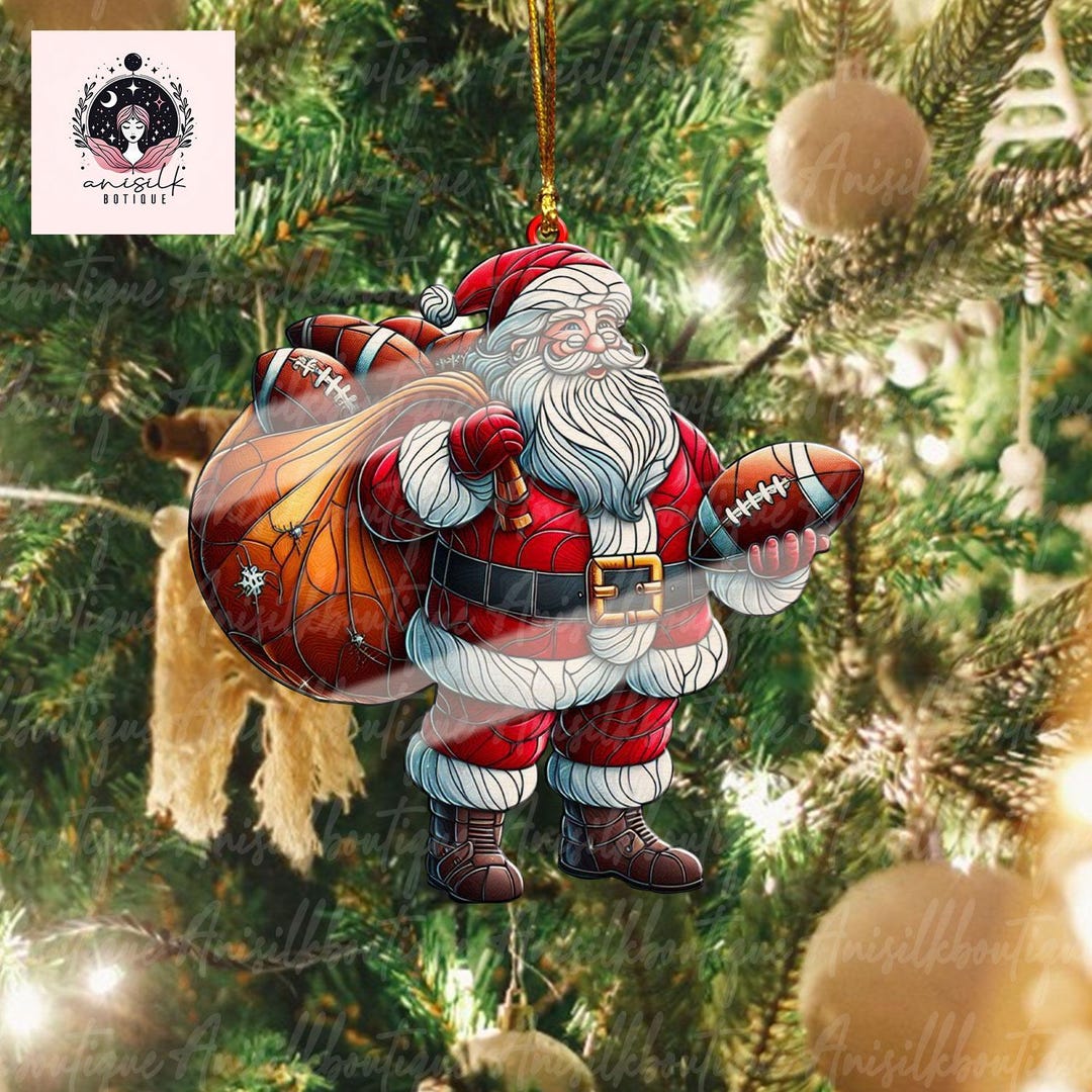 Santa With Football Acrylic Xmas Ornament, Santa Ornament, Football ...