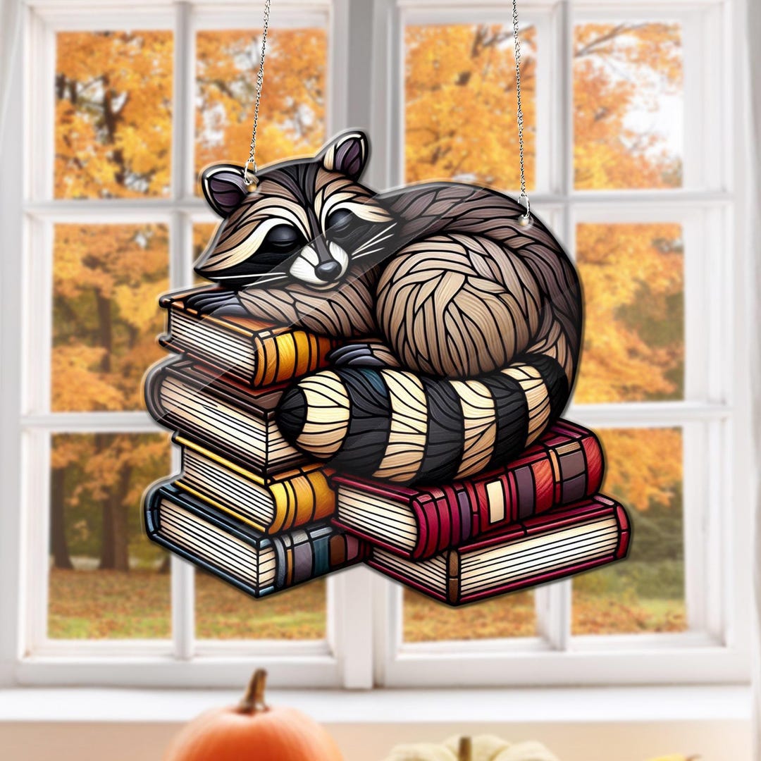Racoon ACRYLIC Window Hanging, Racoon With Book Window Hanging Art ...