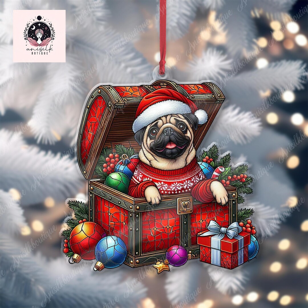 Pug Peeking in Xmas Chest Ornament Decor, Funny Christmas Decor, Funny ...